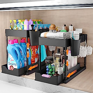Hopezone Under Sink Organizers and Storage, 2 Pack Adjustable Height Under Sink Storage, 2 Tier Under Sink Organizer with Sliding Drawer, 8 Hooks & 2 Hanging Cups, Ideal for Kitchen, Bathroom