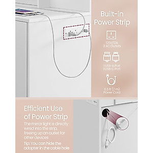 VASAGLE Vanity Desk with Mirror and Lights, 43.3-Inch Wide Makeup Vanity with Upholstered Vanity Stool, Power Outlets, Dimmable LED Lights, Storage Drawer, for Bedroom, Cloud White URDT628W01