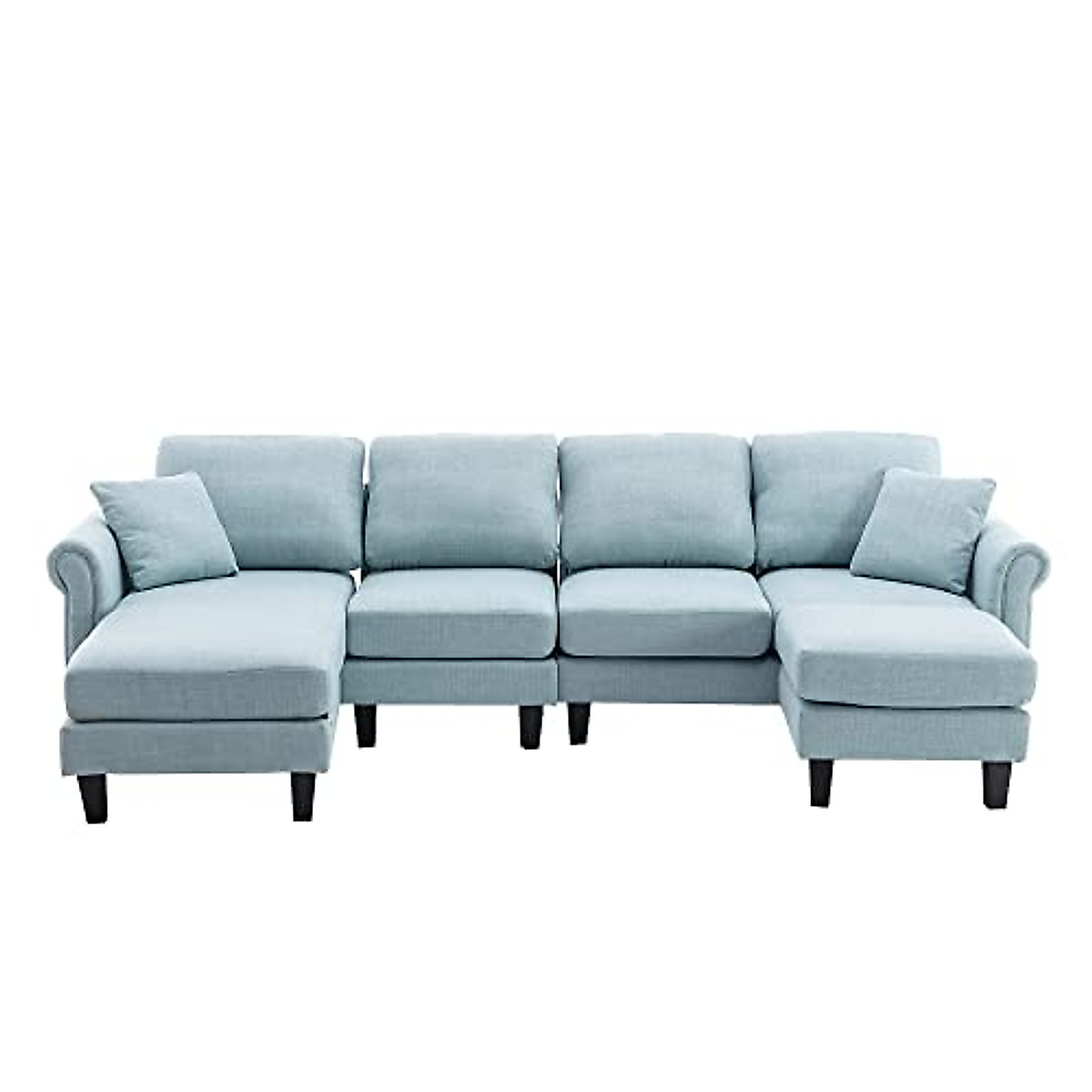 Eafurn U-Shaped Sectional Sofa w/Chaise Lounge and Movable Ottoman,108.66" Convertible Corner Couch,5 Seater Linen Upholstery Sofa&Couches with 2 Pillows for Living Room Furniture Sets, Light Blue
