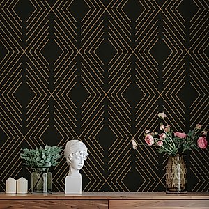 LiKiLiKi Geometric Peel and Stick Wallpaper Black and Gold Wallpaper Modern Contact Paper Boho Removable Self-Adhesive Decorative Wallpaper for Cabinets Bathroom Bedroom Kitchen Vinyl Roll 17.3”x118”