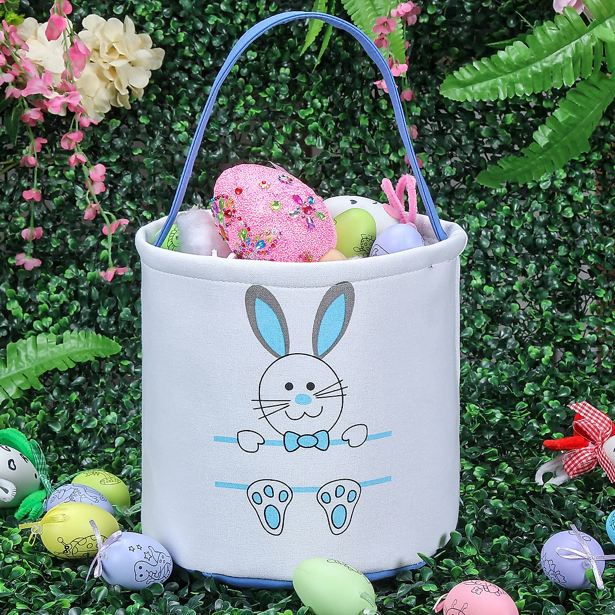 Easter Bunny Basket Egg Bags for Kids,Canvas Cotton Personalized Candy Egg Basket Rabbit Print Buckets with Fluffy Tail Gifts Bags for Easter……