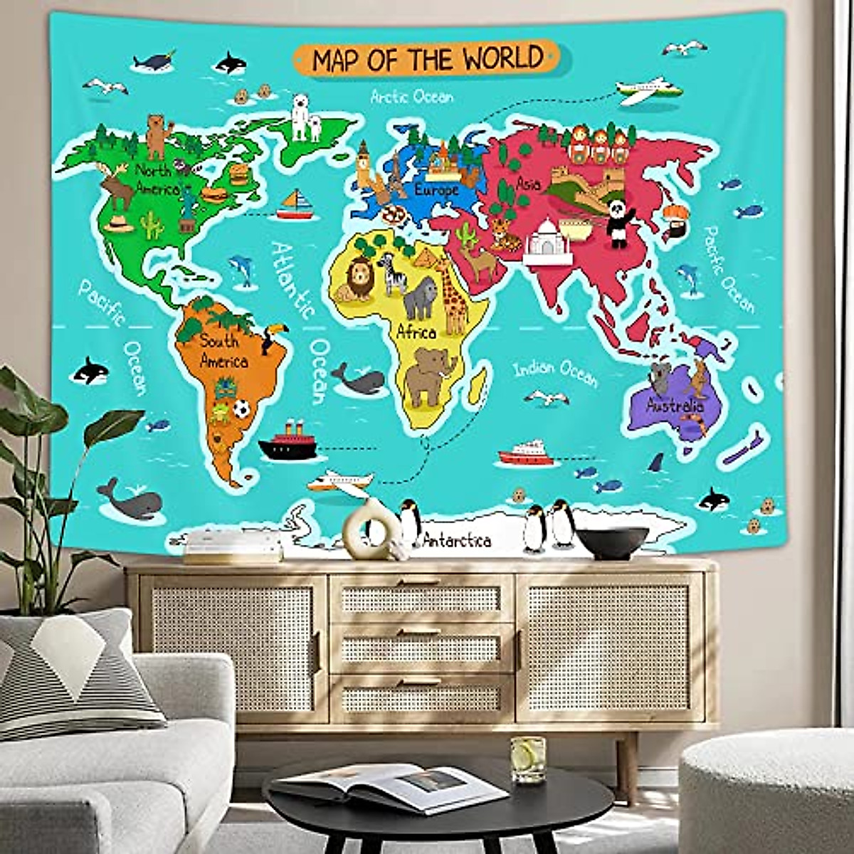 Cartoon World Map Tapestry Wanderlust, Cartoon Animal Mountains Forests World Map for Children and Kids Tapestry Wall Hanging, Wall Blankets Home Decor Beach Towel TV Background Panels 60X40 in