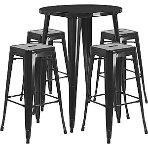 Flash Furniture Commercial Grade 30" Round Black Metal Indoor-Outdoor Bar Table Set with 4 Square Seat Backless Stools