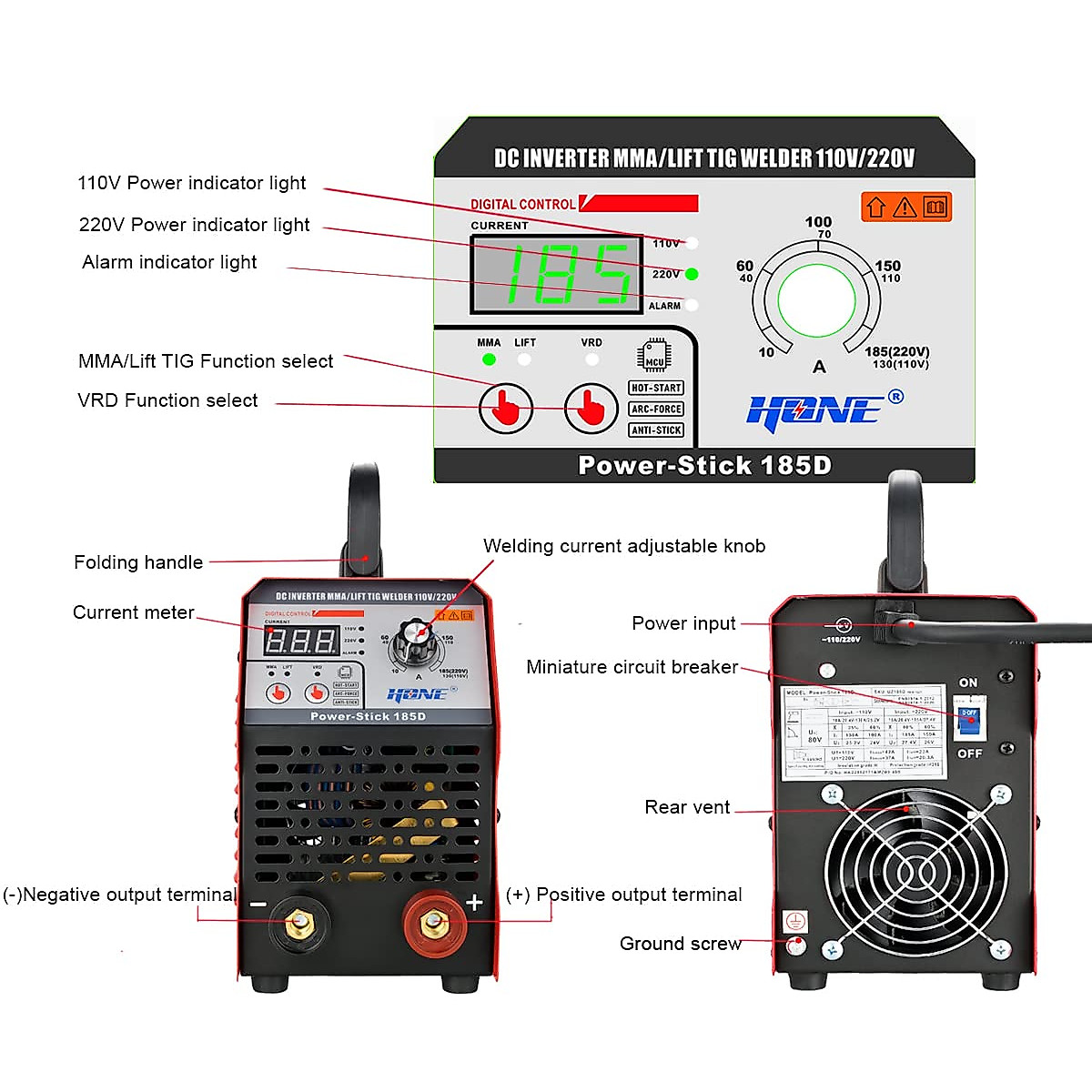 HONE ARC Welder, Actual 185Amp 110V/220V Stick Welder with Lift Tig Function, Digital IGBT Inverter Welding Machine with Hot Start Arc Force Anti-Stick VRD, High Duty Cycle for 1/16"-5/32" Welding Rod