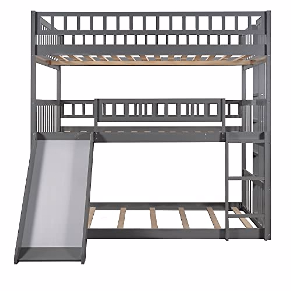 BOVZA Triple Bunk Bed with Slide, Full Over Full Over Full Wood Floor Bunk Bed with Built-in Ladder and Guardrails, 3 Bunk Beds for Kids Teens Adults, Gray