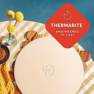 Cast Elegance Durable Thermal Shock Resistant Thermarite Pizza and Baking Stone for Oven and Grill, Includes Recipe E-Book & Cleaning Scraper, Large, 16 inch Round, 5/8th inch Thick