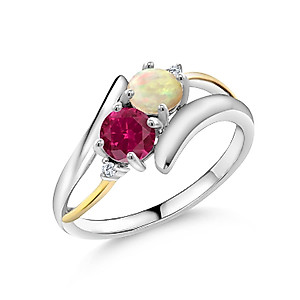 Gem Stone King 925 Sterling Silver & 10K Yellow Gold Round Cabochon White Ethiopian Opal Red Created Ruby & Lab Grown Diamond Women Ring (1.32 Cttw, Available In Size 5, 6, 7, 8, 9)
