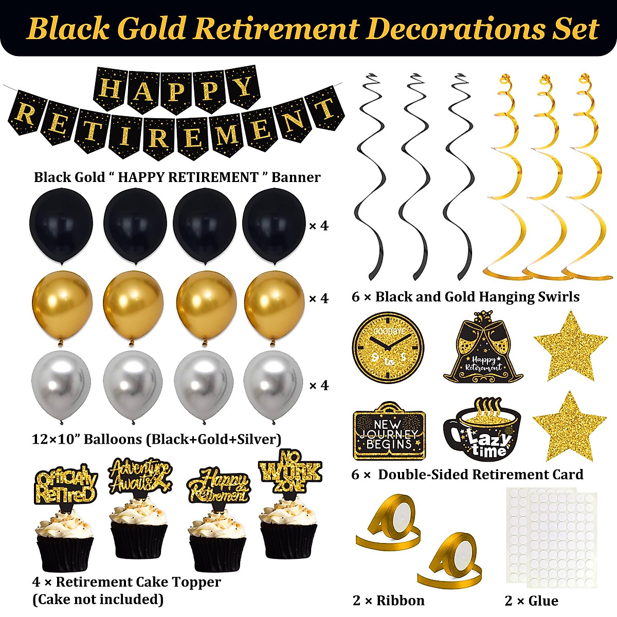 Retirement Party Decorations Men Women, Black Gold Happy Retirement Decorations, Happy Retirement Banner, Retired Backdrop, Balloons, Pompoms, Hanging Swirls, Retirement Card, Cake Topper Set 54pcs