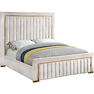 Meridian Furniture Dolce Collection Modern | Contemporary Velvet Upholstered Bed with Luxurious Channel Tufting and Gold Metal Trim/Legs, Queen, Cream
