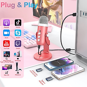 ZealSound Gaming USB Pink Microphone with Quick Mute for Phone Computer PC PS5,Studio Mic with Gain Control,Echo&Monitor Volume Adjust for Streaming Vocal Recording ASMR Podcast Video K66
