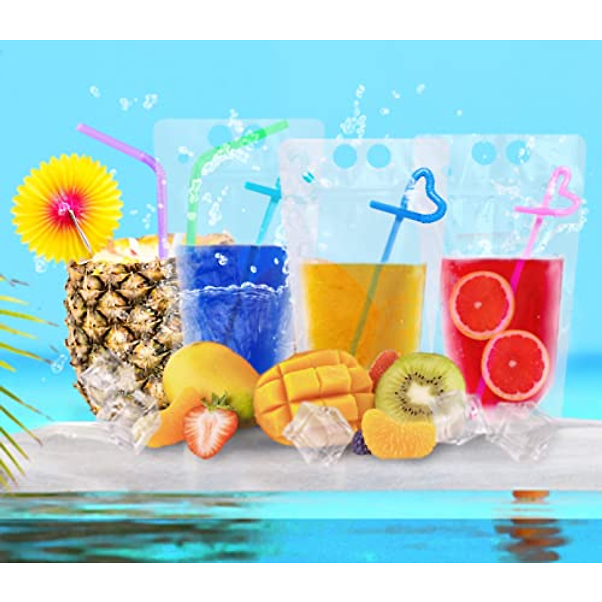 100 Pcs Drink Pouches for Adults, Clear Juice Pouches, Hand-held Reusable Drink Pouches with Straws Funnel Smoothie Heavy Duty Drink Bags for Cold Hot Drinks