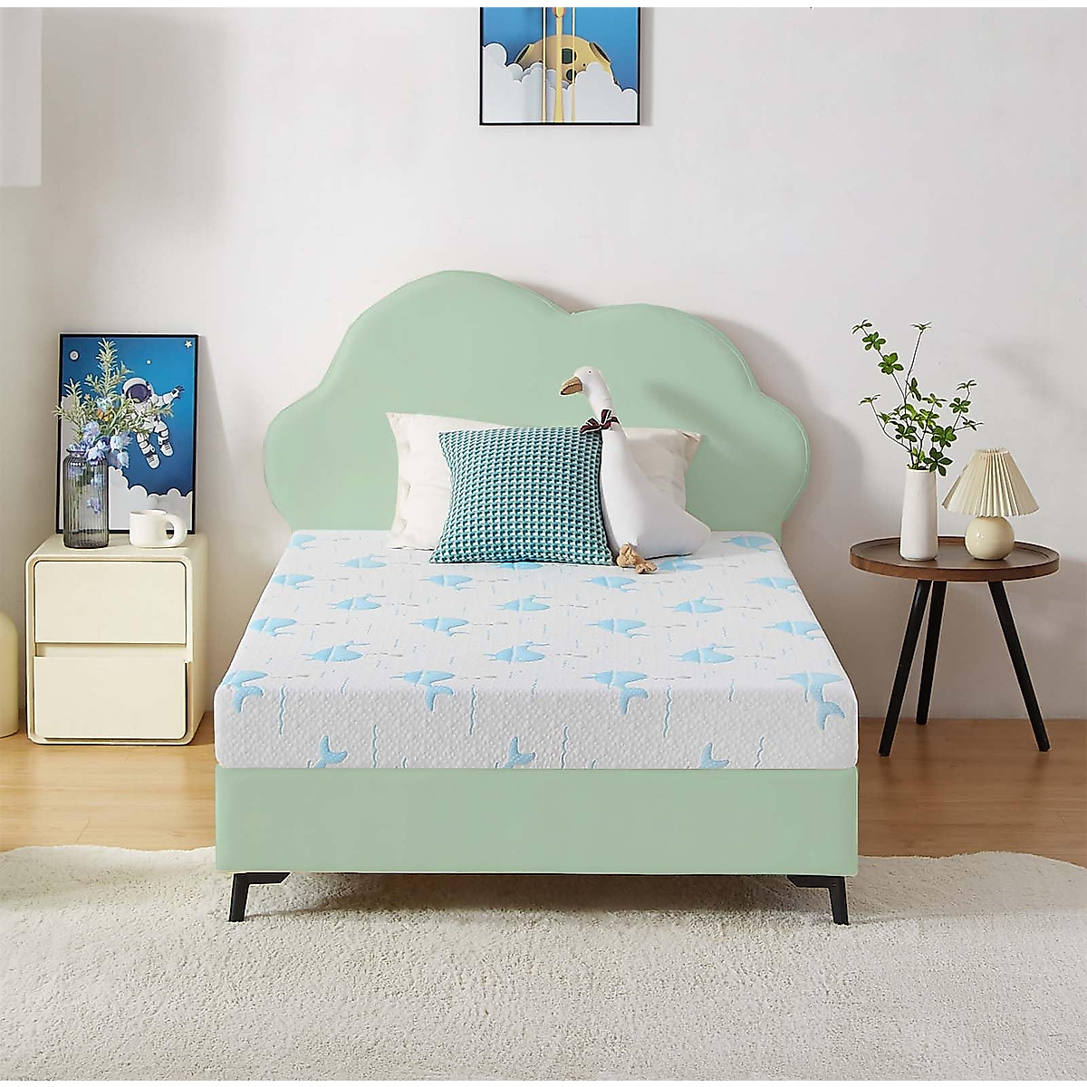 OUUI 6 Inch Twin XL Mattress, Removable Washable Cover with Whales Pattern Cooling Memory Foam Medium Feel, Bed-in-a-Box, CertiPUR-US Certified, White/Blue