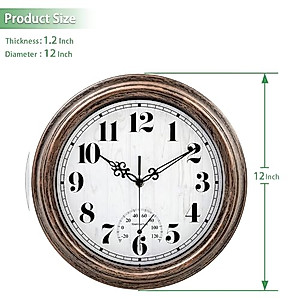 45MinST 12 Inch Indoor/Outdoor Retro Round Waterproof Wall Clock with Thermometer, Silent Non-Ticking Battery Operated Quality Quartz Wall Clock Home/Patio Decor(Bronze)