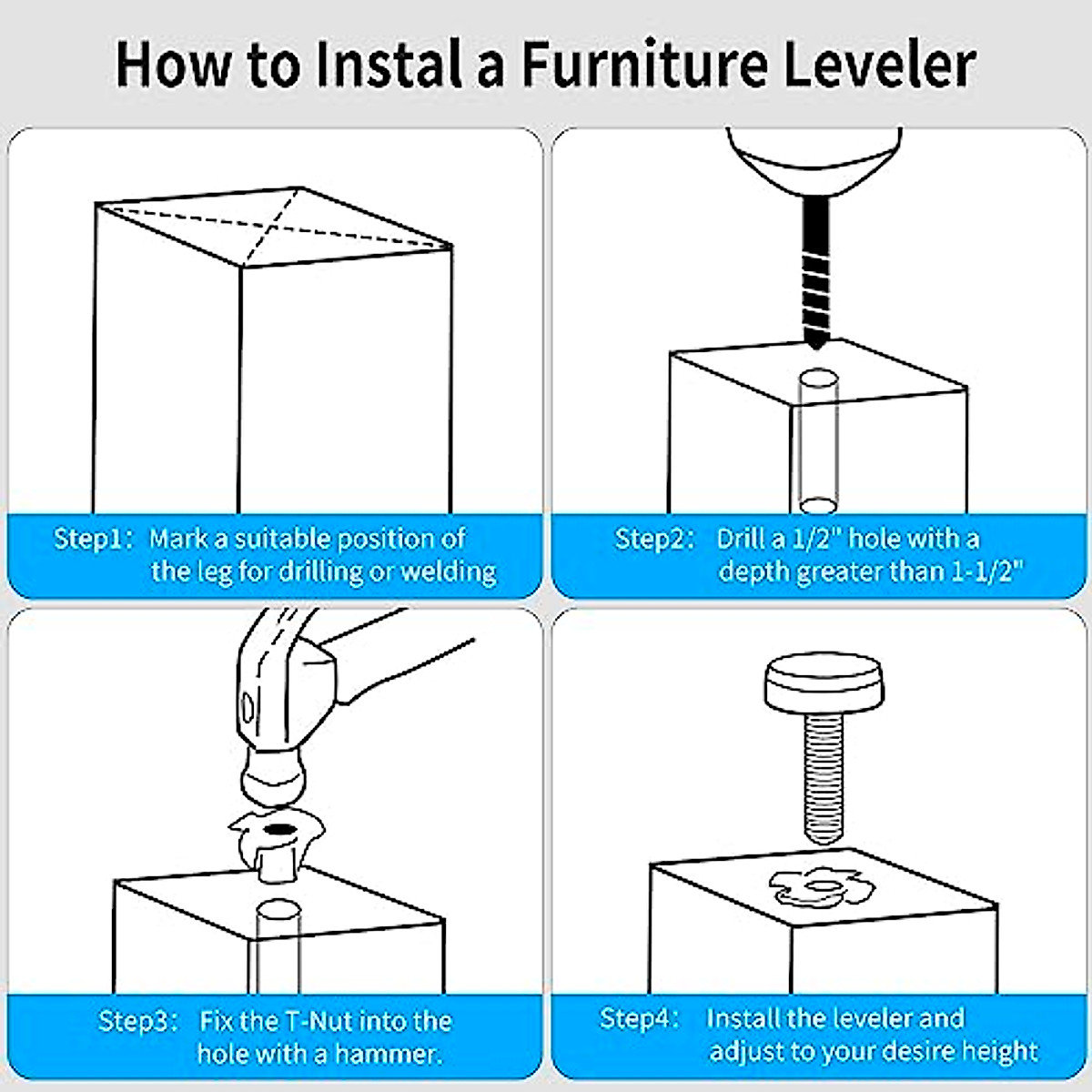 WEICHEN 4 Pack Adjustable Furniture Leveling Feet for Cabinets Sofas Chairs, 3/8"-16 Thread Heavy Duty Adjustable Table Feet Levelers Large with Cushioned Felt Pads, Black