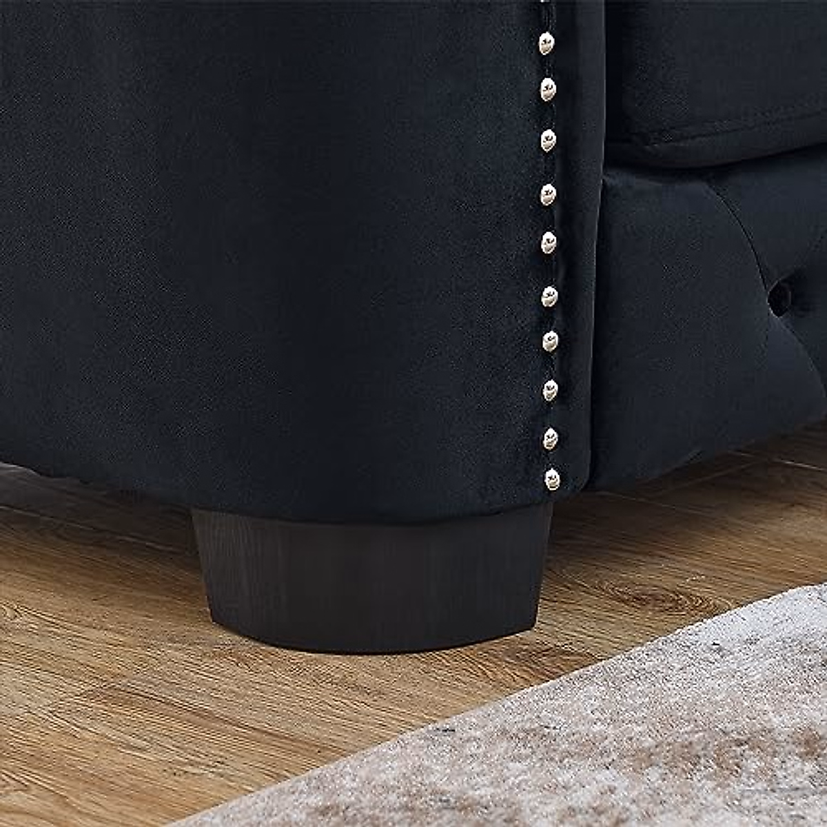 EMKK 77" Chesterfield Velvet Sofa, 3-Seater Upholstered Couches Tufted Backrests with Nailhead Arms and 2 Cushions for Living Room, Bedroom, Apartment, Office, G-Black