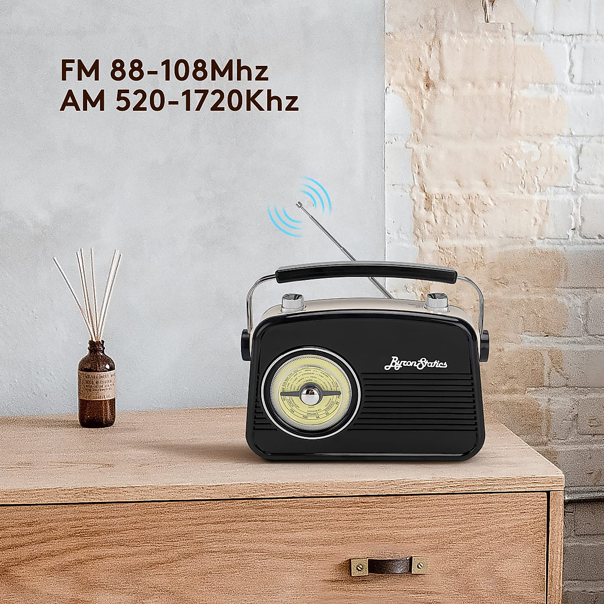 ByronStatics Black AM FM Radio - Small Portable Radios Vintage/Retro with Headphone Jack, Large Analog Rotary Tuning Dial - Power Plug or 4 x 1.5V AA Battery