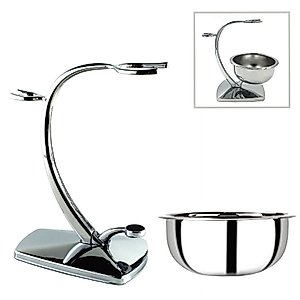 Luxury Premium Quality Set of Chrome Shaving Stand with Shaving Bowl - Compatible with MOST Manual Razors and Brushes