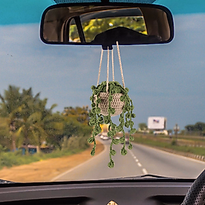 Crochet Hanging Plants, Succulent Car Plants, Mini Macrame Plant Car Accessories Rear View Mirror Charm Cute Hanging Rearview Car Decor Boho Hanger Gifts for Plant Lover 1