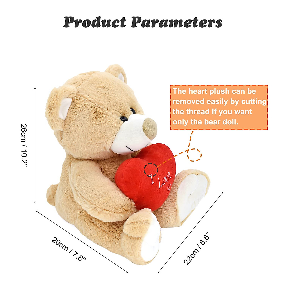I Love You! 10'' Teddy Bear with Red Heart, Soft Plush Bear Doll Stuffed Animal Toys Valentines Day Decor Gifts for Her/Girlfriend Lover Mom Kids (Light Brown)