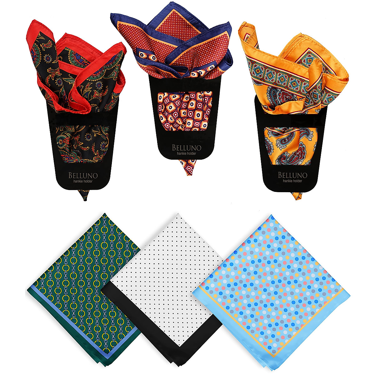 BELLUNO Pocket Square 6 pcs with 3 Folds Holders, Penetrating Printed Handkerchiefs Set for Men