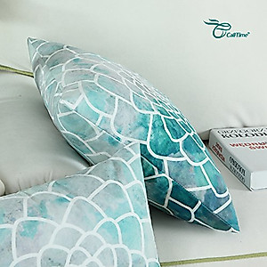 Pack of 2 CaliTime Cozy Fleece Throw Pillow Cases Covers for Couch Bed Sofa Manual Hand Painted Print Colorful Dahlia Compass 20 X 20 Inches Teal