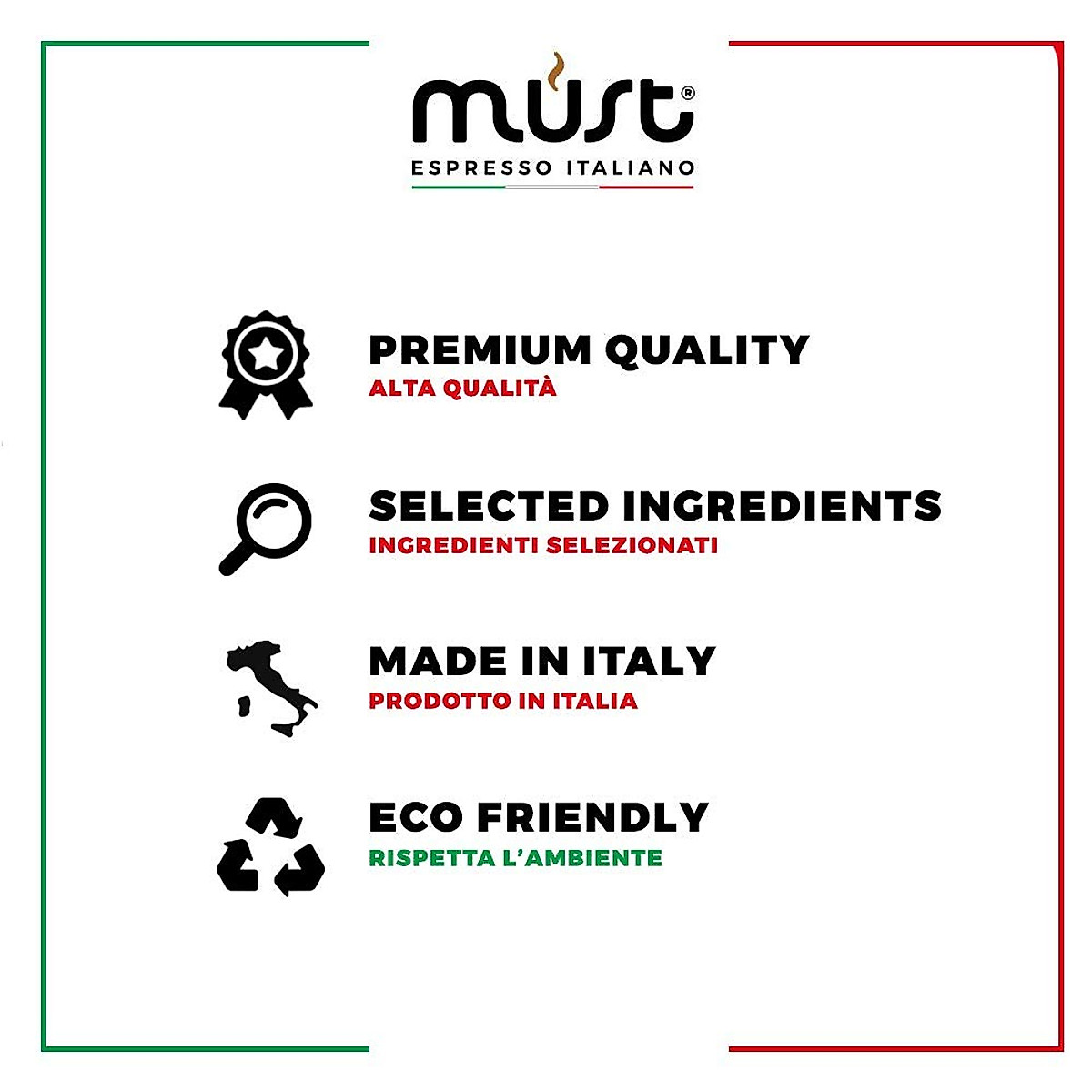 MUST, 100 Coffee Capsules in 100% Recyclable Aluminum, Ristretto Blend Intensity 7/8, 10 Packs of 10 Capsules, Compatible with Nespresso Machine, Made in Italy