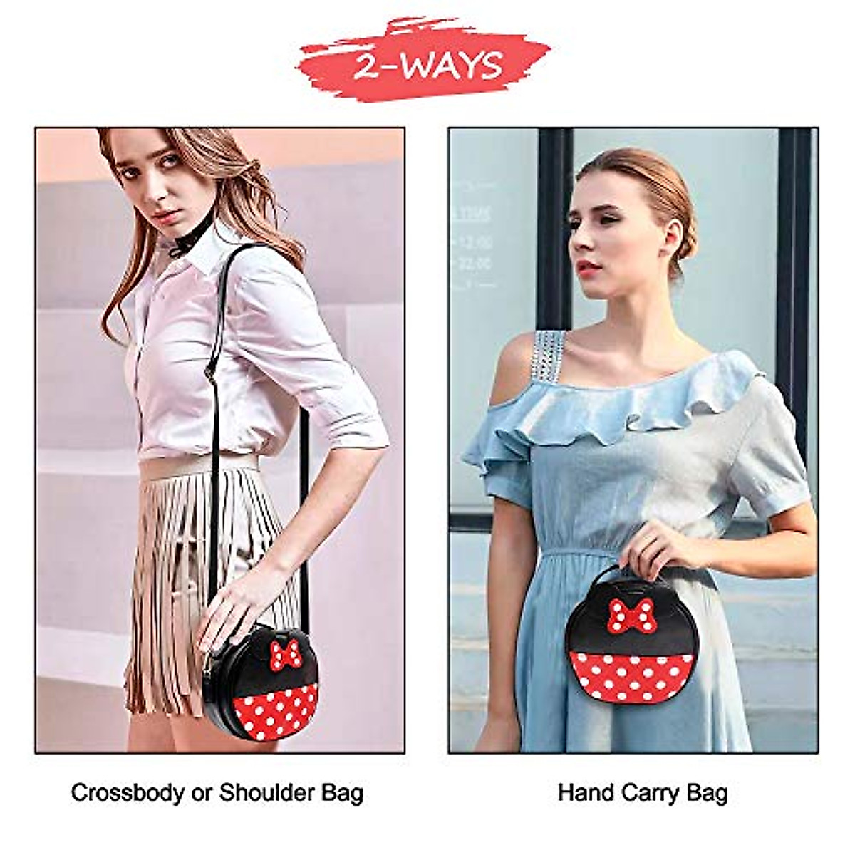 FINEX Minnie Mouse style Small Circle Polka dots Crossbody bag - Multifunction Travel Mini Handbag with Shoulder Strap (Red/Black)