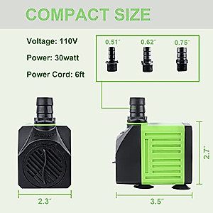 Aysoner Submersible Fountain Water Pump: 550GPH 30W Adjustable Ultra Quiet Small Pond Pump with 6ft Power Cord for Aquarium Fish Tank | Outdoor Waterfall | Statuary | Hydroponics