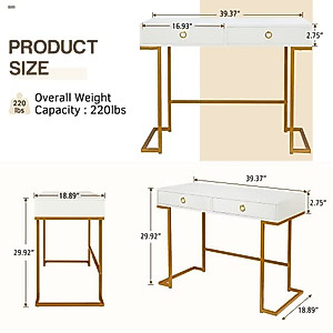 EROMMY Modern Makeup Vanity Dressing Table with Wood Top and Metal Frame, Vanity Desk with Drawers for Home Office, Bedroom, Gold-White