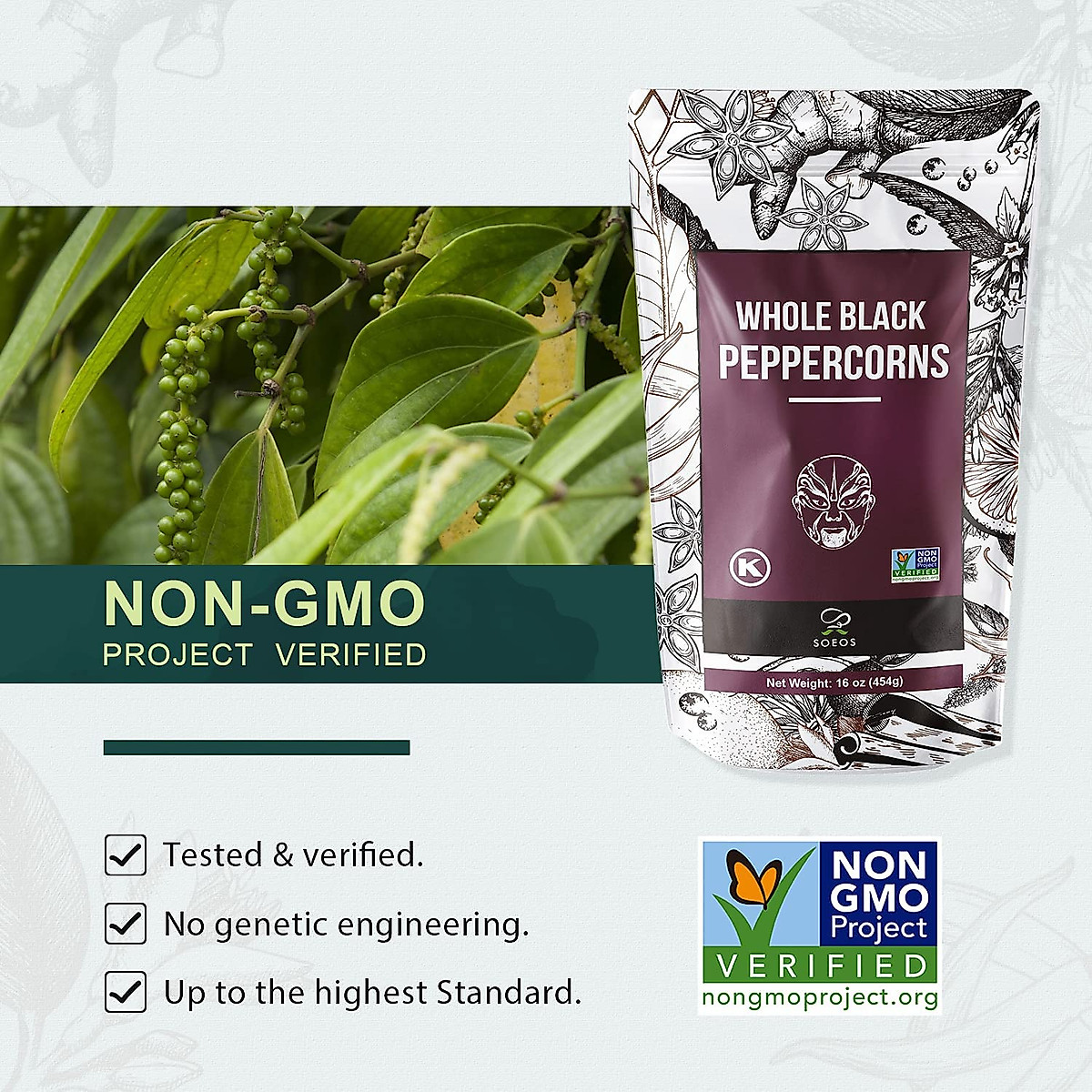 Soeos Black Peppercorns, 16oz (Pack of 1), Non-GMO, Kosher, Packed to Keep Peppers Fresh, Peppercorn for Grinder Refill, Whole Peppercorns