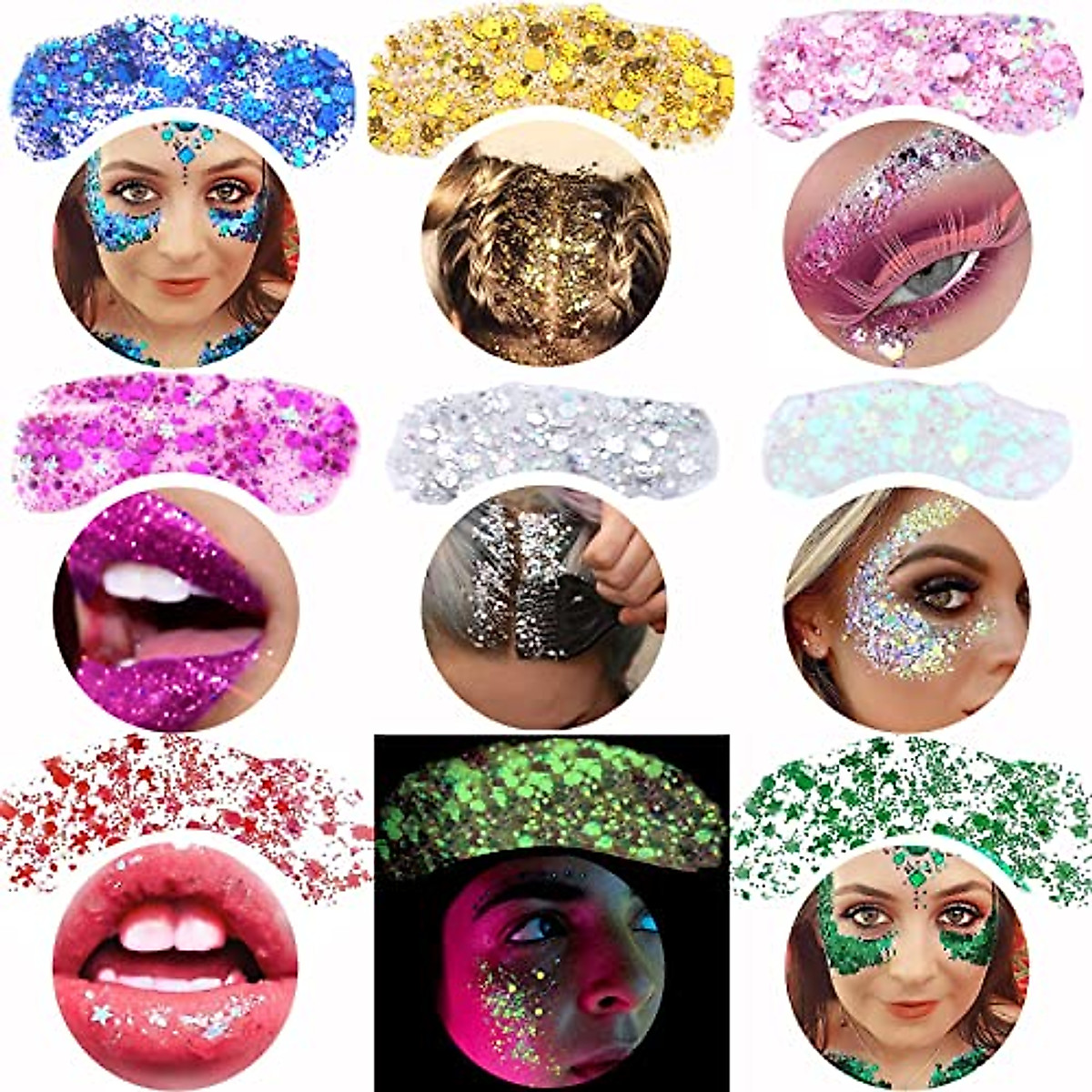Face Glitter Gel, 2 Jars Holographic Chunky Glitter Makeup for Body, Hair, Face, Nail, Eyeshadow, Long Lasting and Waterproof Mermaid Sequins Liquid Glitter Total 6 Colors Available (#6, White, 2PCS)