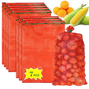 Sukh 7 Pcs Large Mesh Produce Bags - 60lbs Mesh Vegetable Bags Reusable Washable Mesh Storage Bag Breathable Produce Bags Onion Storage With Drawstring for Potato Onion Citrus Fruits 20"X32" Red