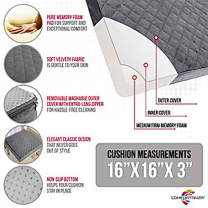 COMFORTANZA Chair Seat Cushion - 16x16x3 Memory Foam Square Thick Non-Slip Pads for Kitchen, Dining, Office Chairs, Car Seats - Booster Cushion - Comfort and Back Pain Relief - Firm - Gray