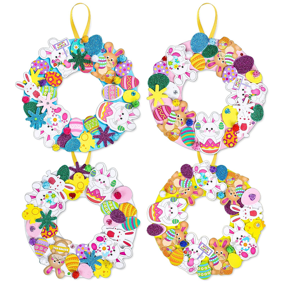 Whaline 12 Sets Easter Foam Stickers Easter Wreath Signs with 400Pcs Cute Bunny Egg Stickers, Rhinestone Sticker, 100Pcs Pom Balls and Yellow Ribbons DIY Foam Wreath Signs for Easter Holiday Party Art