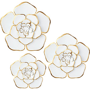 Chuangdi 3 Pieces Large Wall Metal Flowers Multiple Layer Home Decoration for Indoor Outdoor Home Garden Office Living Room Garden Porch Patio (White and Gold,Assorted Sizes)