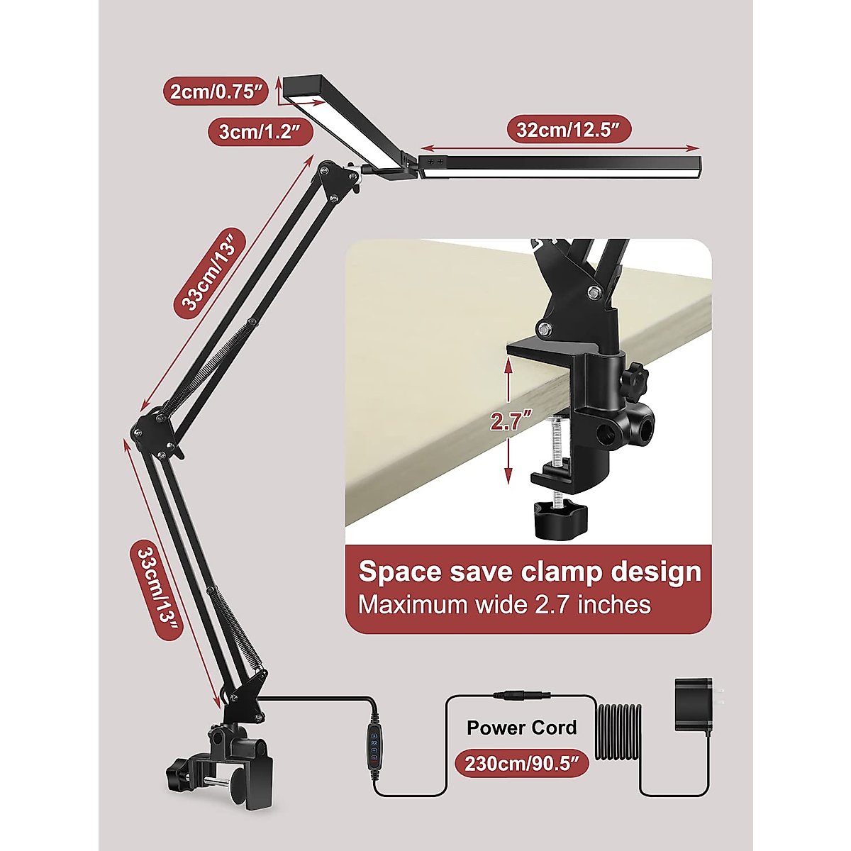 BRISON Double Head LED Desk Lamp, 24W for Home Office with 160 LED Beads, Swivel Arm Architect Desk Light with Clamp, 3 Lighting 10 Brightness, Adjustable Table Light for Read/Monitor/Work