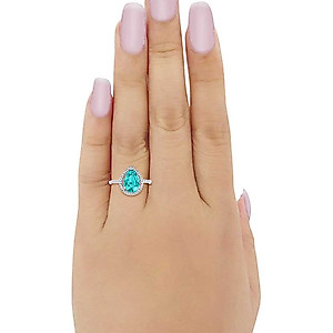 Blue Apple Co. Simulated Paraiba Tourmaline CZ Size-7 Halo Teardrop Pear Ring Round Simulated Cubic Zirconia 925 Sterling Silver