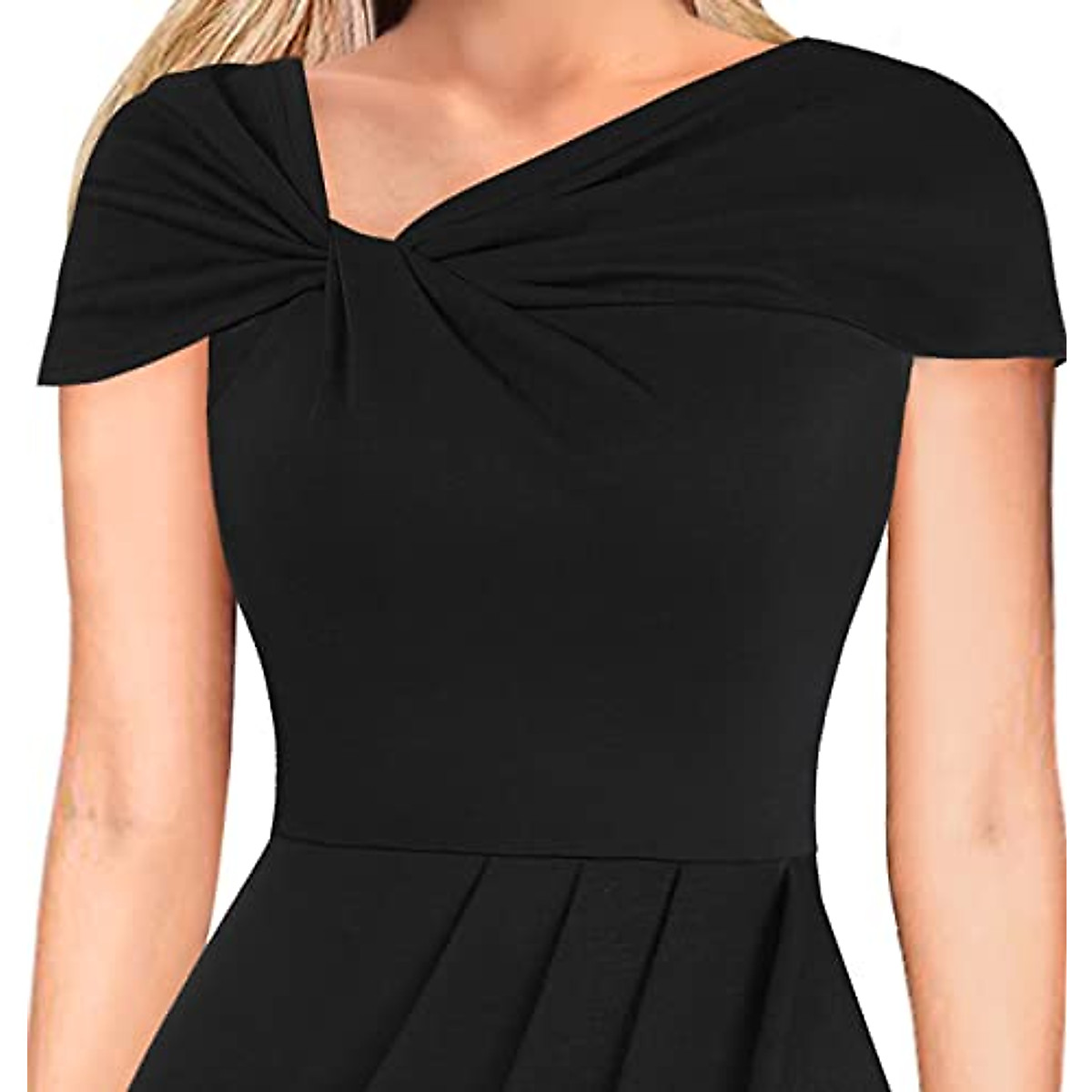 VFSHOW Womens Ruffle Cocktail Office Party Twist V Neck Vintage Church Dress 2023 Ruched Waist Business Wedding Guest Bodycon Pencil Sheath Dress (Black, X-Large) 10350C BLK XL