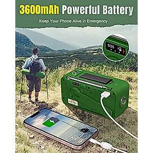 PRUNUS 3600mAh Emergency Radio Hand Crank/Solar/USB Charging, Bluetooth Speaker, Flashlight,Phone Charger,SOS Alarm, Power Bank, MP3,7 NOAA Weather Radio, Portable Radio Transistor AM FM