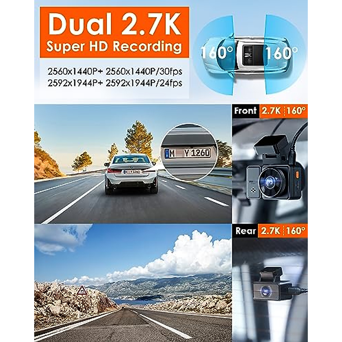 Vantrue E2 Dash Cam Front and Rear with Voice Control, 2.7K + 2.7K Dual Dash Camera for Cars, WiFi, GPS, STARVIS Night Vision, Buffered Parking Mode, G-Sensor, 2.45" IPS, 160°, WDR, Support 512GB