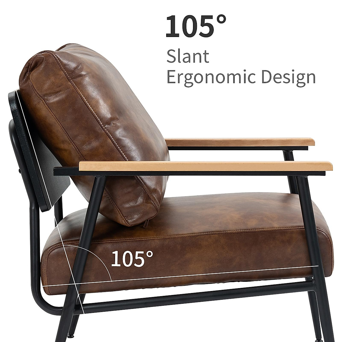 GYI Brown Leather Accent Chair Set of 2, 23.6'' Wide Armchair Set of 2, Industrial Black Metal Frame Accent Chairs with Wood Arms for Living Room, Bedroom