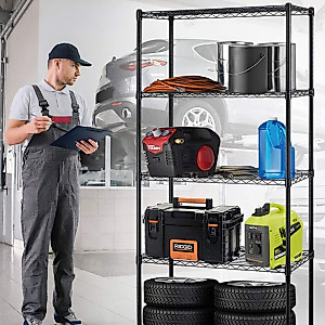 Storage Metal Shelf 5 Tier Wire Shelving Unit Standing Shelf Units Heavy Duty Garage Shelving with Feet Levelers 1250Lbs Capacity Adjustable Commercial Shelving Kitchen Rack, Black