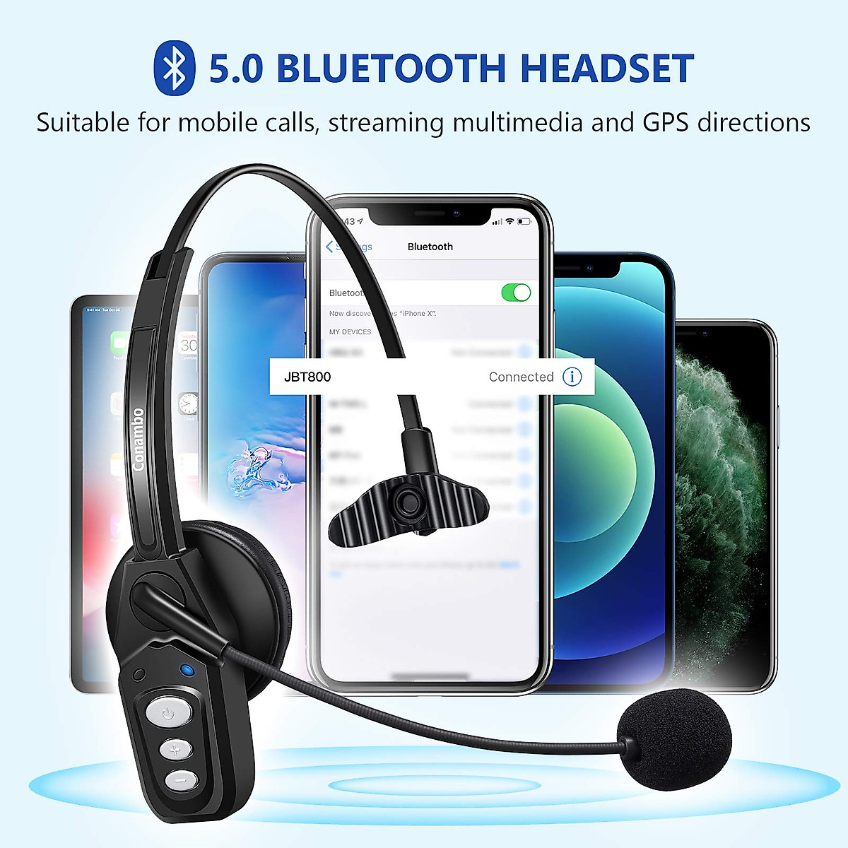 Conambo Trucker Bluetooth Headset, V5.0 Wireless Headset with Microphone, Hands Free Bluetooth Headphones with Noise Canceling Mic for Skype, Call Centers, Offices, Trucker (JBT800)