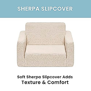 Delta Children Cozee Flip-Out Sherpa 2-in-1 Convertible Chair to Lounger for Kids, Cream