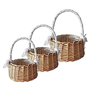 Rattan Flower Girl Hand Basket for Wedding Picnic, Retro Hand Woven Basket with Handle for Home Garden Decor(S)