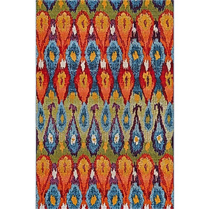 Unique Loom Modern Collection Abstract, Ikat, Distressed, Colorful, Vintage, Indoor and Outdoor Area Rug, 5 ft 3 in x 8 ft, Multi/Blue