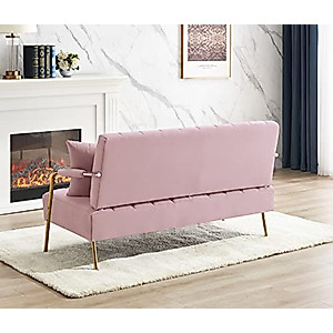 Velvet Upholstery Loveseat Tufted Futon Sofa,Australian Cashmere Fabric Accent 2-Seat Sofá Couch with Metal Legs&Throw Pillows for Living Room/Bedroom/Apartment/Office/Studio/Compact Space