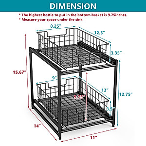 FavoThings Stackable 2-Tier Kitchen Cabinet Organizer Extra Wide Under Sink Organizer Rack with Sliding Storage Basket Drawers, Black