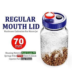 Mushroom Jar Liquid Culture Lid Wide Mouth Rejular Mouth Food Grade Plastic Grain Spawn Cultivation Mason Jar Lid with PTFE Membrane & Self Healing Injection Ports For Mushroom By ZHANXUBIO (70mm