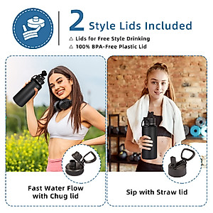 Volhoply 32oz Insulated Water Bottles Bulk 8 Pack with Straw Lid & Spout Lid,Stainless Steel Sports Water Bottle,Double Wall Vacuum Thermos,Leakproof Wide Mouth Metal Flask for Hiking,Camping(Black,8)